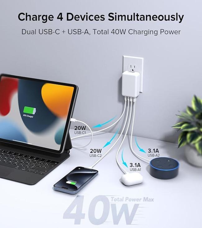 Close-up of charger ports showing 2 USB-C and 2 USB-A ports