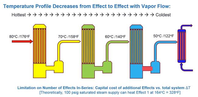 Forced circulation multiple effect evaporator for beverage concentration
