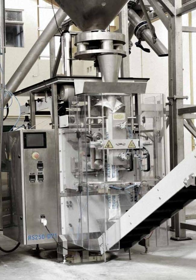Vertical form-fill-seal machine for small salt pouches in a factory