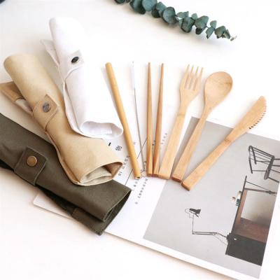 China Portable Bamboo Travel Cutlery Set Chopsticks Spoon Straw Six Piece Cloth Bag Packing for sale