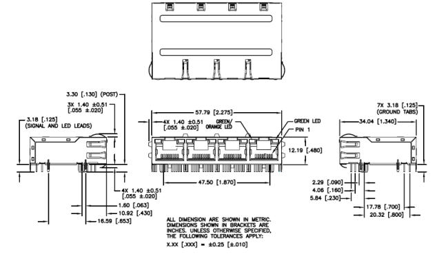 Multi Port Low Profile RJ45 Jack J1N-0003NL With Internal Magnetic / Transformer