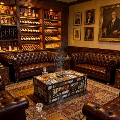China Nidea #863 Hot Sale American Industrial Style Art Hotel Cafe Genuine Leather Chesterfield Sofa Set 1 2 3 Seater Combination Living Room for sale