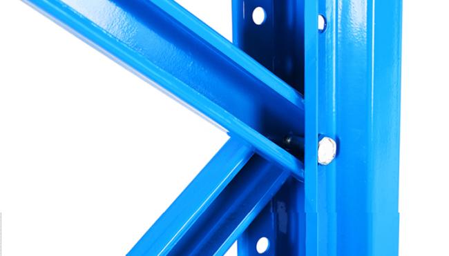 Close-up of pallet racking system beams and uprights