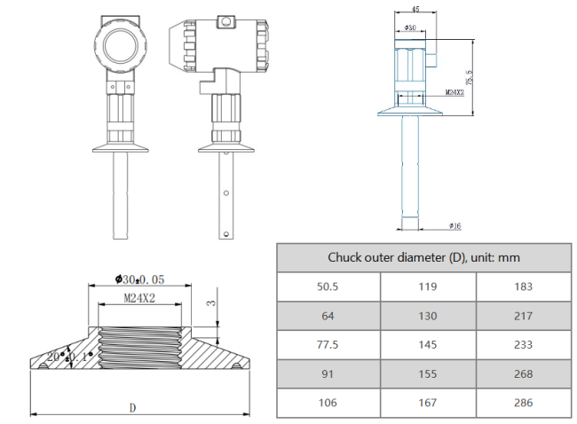 KSLV605 Food Grade Capacitive Level Gauge technical diagram showing components and dimensions