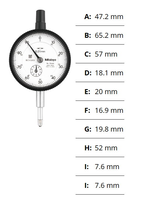 Technical diagram of Mitutoyo Dial Gauge 2046A components and features