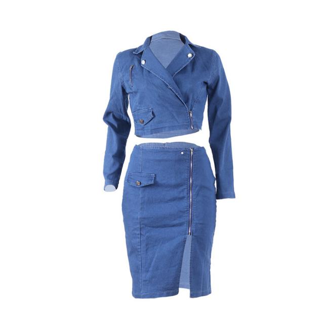 Fashion style sexy denim jean skirt with top set two pieces set casual jean skirt