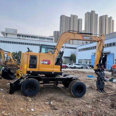 Cina Nuovo arrivo usato SANY SY75W Ruota tipo 7 tonnellate mini escavatore a ruote idraulico di seconda mano in vendita