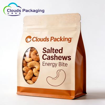 China Custom Square Bottom Plastic Stand Up Pouch With Clear Window For Nuts Cashew for sale