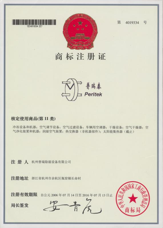 Trademark Registration Certificate - Hangzhou Peritech Dehumidifying Equipment Co., Ltd