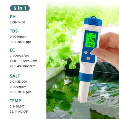 China Smart 5 in 1 Bluetooth-Wasserqualitätsprüfer - pH/TDS/EC/Salz/Tempometer für Zuhause, Aquakultur und Hydrokultur zu verkaufen
