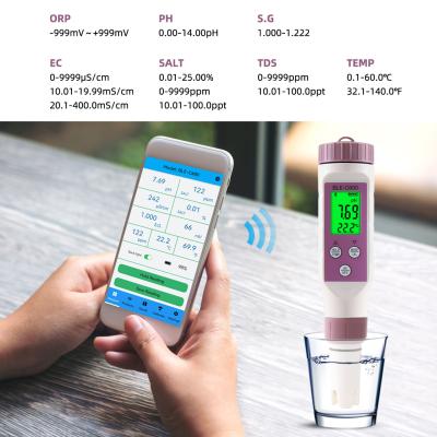 China Smart 7-in-1 Bluetooth-waterkwaliteitstester - pH/EC/TDS/ORP/Zout/S.G/Tempmeter voor thuis, laboratorium en aquacultuur Te koop