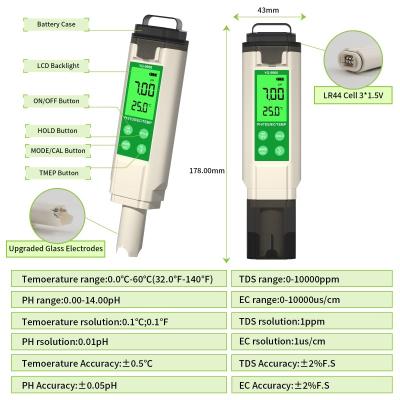 China PH TDS EC TEMP Tester Pen Tester de calidad del agua con pantalla retroiluminada en venta