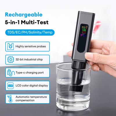 Cina Tester di qualità dell'acqua 5 in 1 ricaricabile tramite USB, schermo a colori, TDS, sale, EC, pH, temperatura in vendita