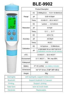 China Smart Bluetooth PH Meter EC Water Quality Tester 5 Point Automatic Calibration for sale