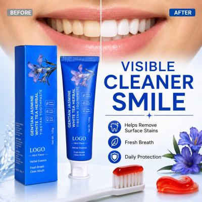 China Custom Adult Teeth Whitening Toothpaste Herbal Jasmine White Tea Flavor Fresh Breath Protects Gums & Tooth Enamel Fluoride Free for sale
