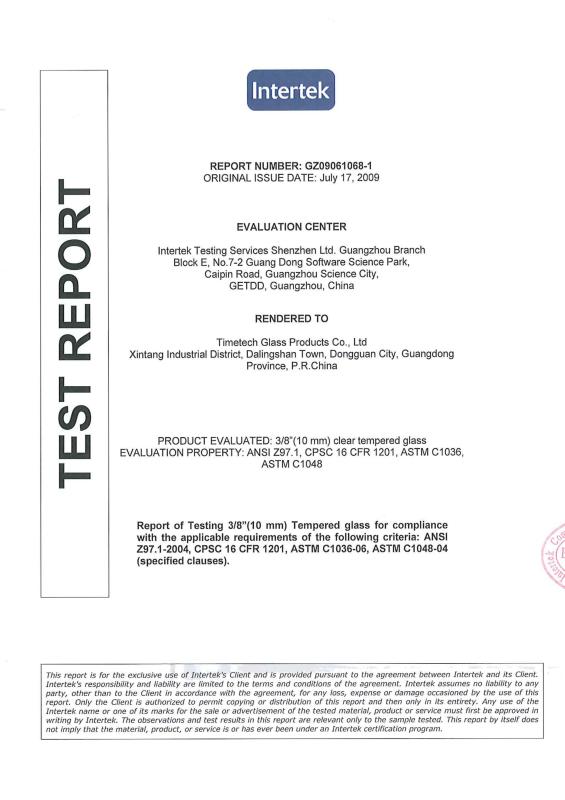 ANSI Z97.1:2004; ASTM C1036; ASTM C1048 - TIMETECH GLASS