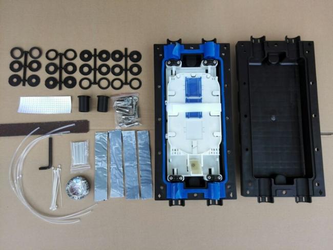 Quick Detail: High quality horizontal type optical fiber closure from China supplier. Inline type,max for 2 cables inlet and outlet,max 4 trays&144 cores, featuring max 24 pcs adapter ports in FTTH architectures.The closure can be used in direct buried,manhole,aerial,pipeline..etc Two cable ports in every side.Max 4 trays&144 cores.Made by PP and ABS material.Fiber optic adaptors can be installed inside,used in FTTH and other newwork projects. 2in and 2 out Description: 1. Protection grade:IP68 2. Material:PP,ABS(first hand raw material) 3. Number of cable ports: 2 in and 2 out 4. Maximum Trays: 4 trays 5. Maximum Cores:144(singlel core) 6. Dimension (HxD): 7. Package material:Carton 8. Weight:2.5-3.0Kg 9. Cable diameter range: 10. Sealing way of cables:Mechanical seaing by rubber 11. Quality warrenty:2 years 12. Life span:more than 25 years Applications: FTTH project,direct buried,manhole,aerial,pipe line..etc Specifications: Model No.of ports Cable range Max trays Max Capacity Dimensions GJS20-HM01A-36core/tray 2 in and 2out 8~28 4 144 390X198X96 Competitive Advantage: 1. Easy & fast installation with no special tools. 2. Superior sealing performance(free sample for testing) 3. The closure can be repeatly used many times. 4. Enough space for surplus fibers inside the closure 5. Flexible branching for fibers 6. loose leaf type of splice tray fixing,easy operation 7. Modular fiber management system 