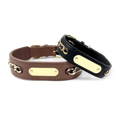 China Genuine Leather Dog Collars With Metal Braided Design Engraved Nameplate for sale
