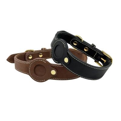 China Dog Genuine Leather Tracking Tag Dog Collar Anti Lost With Tag Holder for sale