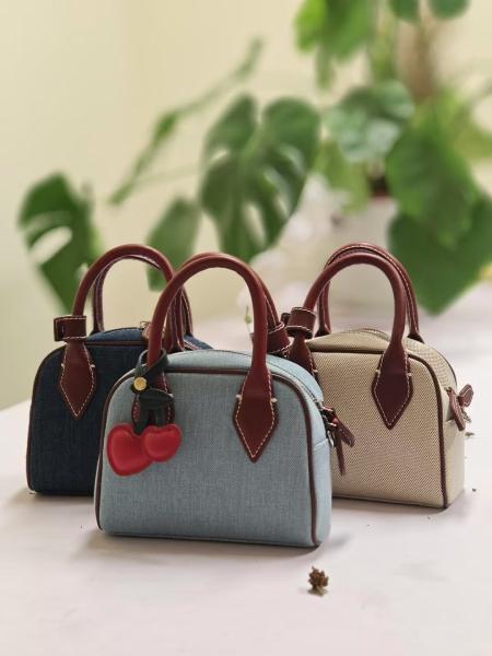 Quality Washed Denim with Imported Vegetable-Tanned Leather Canvas Boston Bag handbag  shoulder bag Crossbody Bag women's fashion work bag for sale