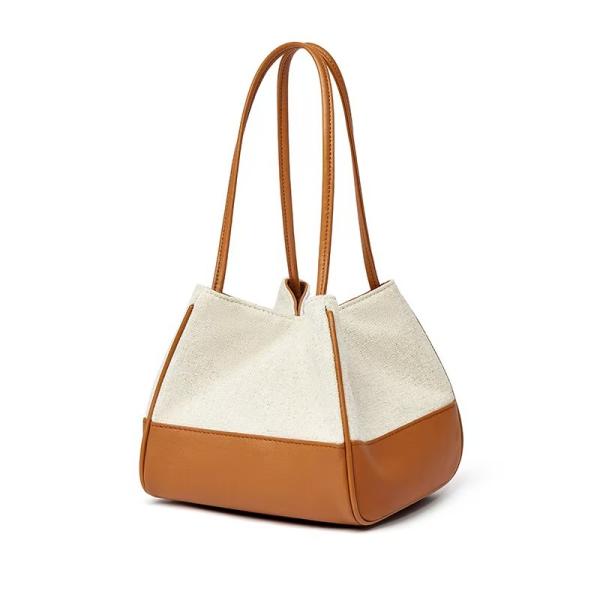 Quality Top-grain Cowhide with Custom Cotton-Linen Canvas Color-block mini genuine leather Tote Bag Crossbody Bags Handbag Basket bag China supplier wholesale for sale