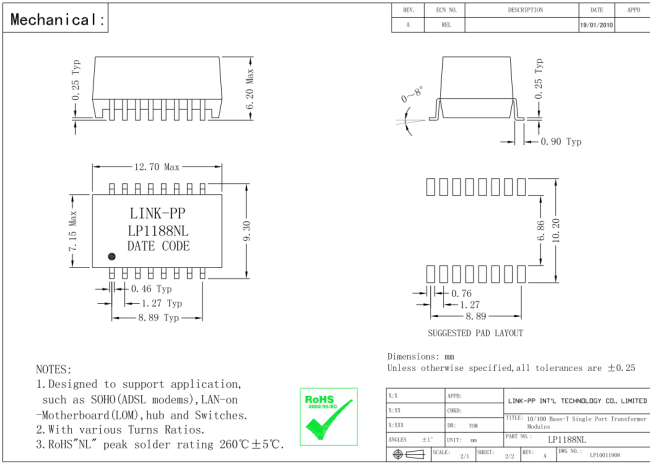 H1601CG Lan Magnetics LP1102NL 10/100Base-T Ethernet SMT Transformer