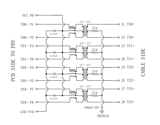 LPJD0717DNL Vertical RJ45 Jack schematic diagram