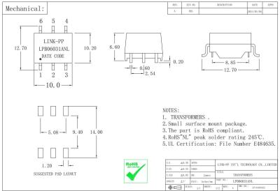 중국 LPB06031ANL 이더네트 자석 변압기 1장의 항구 이더네트 카드 HR600791 판매용