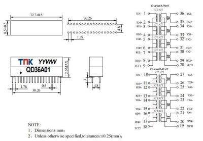 중국 QD36A01 이원 포트 1000 베이스-티 분리된 자기성 변압기 판매용