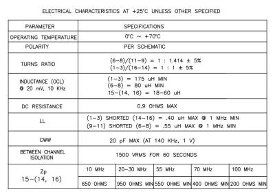 중국 ST7011FNLT 10 베이스-티 단일 포트 16 핀 SMT 자기성 변압기 판매용