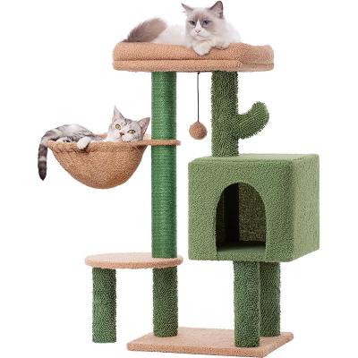 Wooden Modern Cat Sisal Scratcher Cactus Cat Tree with Hammock and Scratching Post