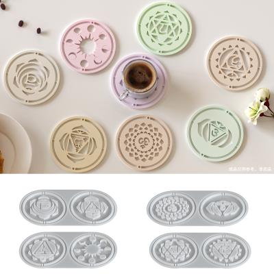 China 2-in-a-row circular hollow patterned cup coaster, table, drip glue mold, DIY aromatherapy gypsum mat, silicone mold for sale