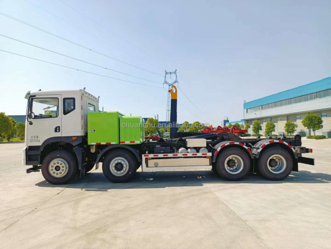 Pure electric hook arm garbage truck rear view