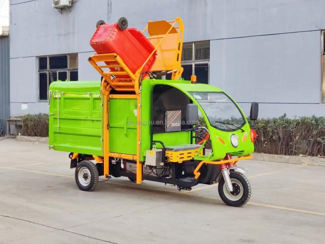 Three-wheeled electric side loading garbage truck front view