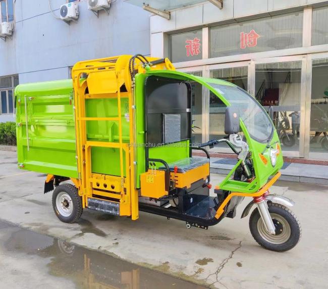 Three-wheeled electric side loading garbage truck side view