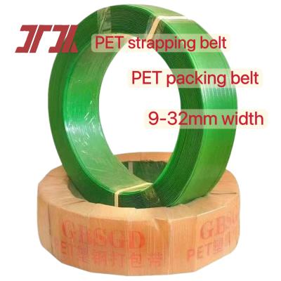 China PET Plastic Steel Packaging 9-25mm Green PET strapping belt for automatic strapping for sale