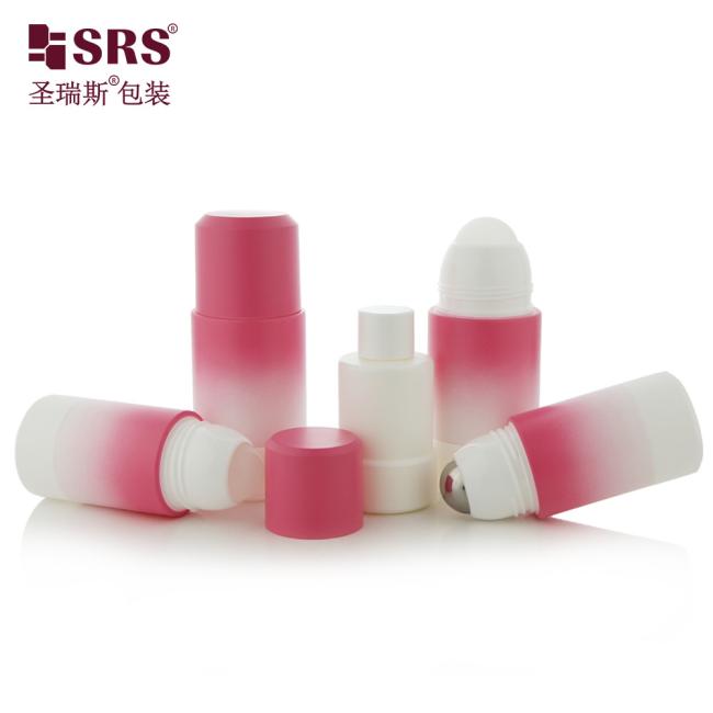 RPPE(S)-50ml 75ml Gradient coating spraying peach pink white refillable deodorant gel roller bottle with big steel metal massage ball packaging