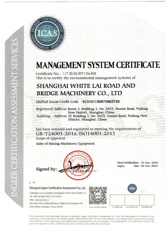 ISO14001:2015 Management System Certificate - Shanghai White Lai Road Bridge Machinery Co., Ltd.