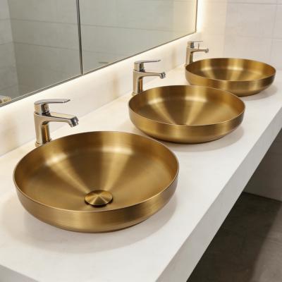 China High Quality Artist Scratch Resistant Bathroom Sinks Stainless Steel SS304 Thick Round Copper Sink Wash Hand Popular Europe Gold Wash Basins For Hotel Apartment for sale