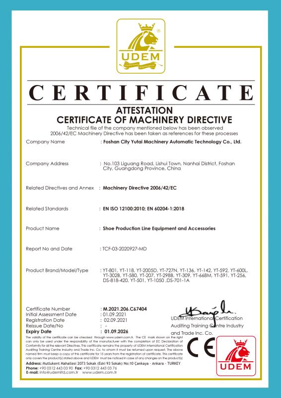 CE - Foshan City Yutai Machinery Automatic Technology Co., Ltd.
