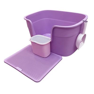 China Purple Blue Semi Closed Litter Box Anti Splash Open Cat Litter Tray for sale