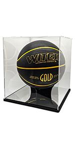 Basketball display case with black wood plastic base