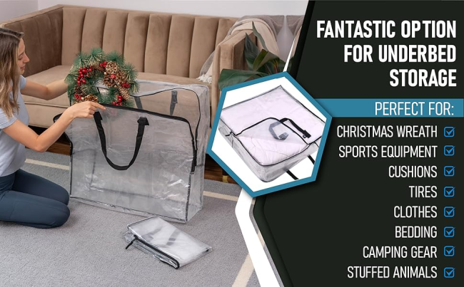 Fantastic option for underbed storage. Woman putting a wreath inside a extra-large clear storage bag