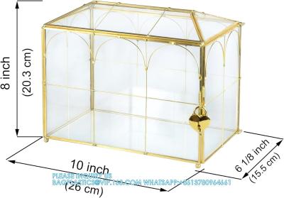 China Glass Wedding Card Box with Slot, Large Clear Card Box Gold Brass Gift Card Storage Box with Lock for Wedding for sale