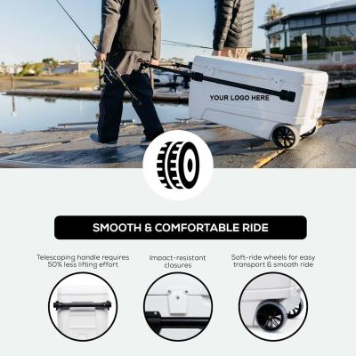 China 55 Quart  Best Sell Ice Box 4 Wheel Premium Wheeled Cooler Foam Insulation Foldable Backrest Seat Chilly Chest Te koop