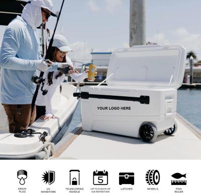 China 55 Quart  Best Sell Ice Box 4 Wheel Premium Wheeled Cooler Foam Insulation Foldable Backrest Seat Chilly Chest Te koop