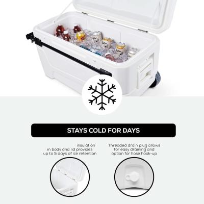 China 55 Quart  Best Sell Ice Box 4 Wheel Premium Wheeled Cooler Foam Insulation Foldable Backrest Seat Chilly Chest Te koop