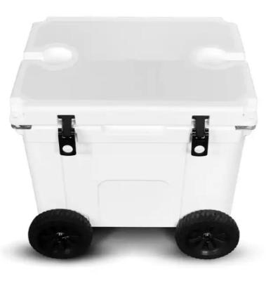 China 55 Quart  Best Sell Ice Box 4 Wheel Premium Wheeled Cooler Foam Insulation Foldable Backrest Seat Chilly Chest Te koop
