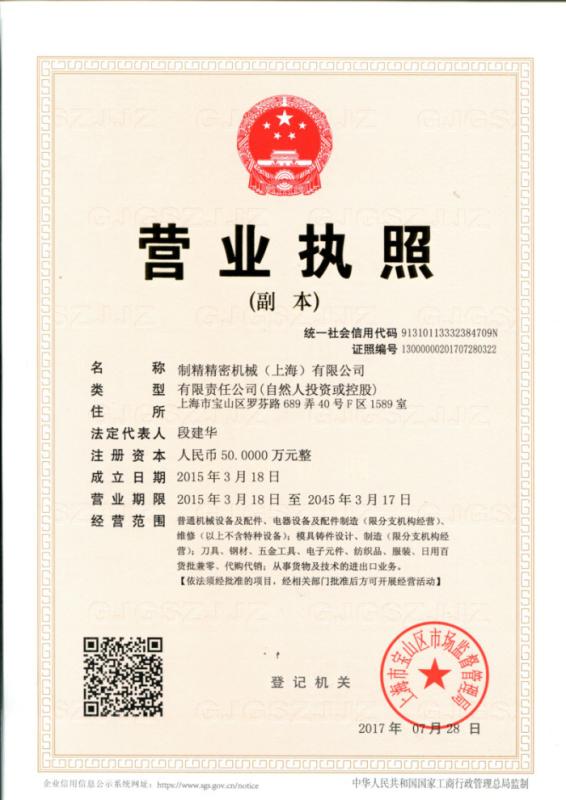 Company business license - Zhijing Precision Machinery (Shanghai) Co., Ltd.