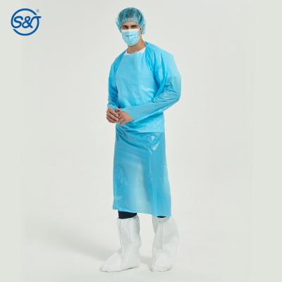 Cina Il pollice di plastica dei grembiuli del LDPE di CBE pp del PE eliminabile di S&J avvolge il grembiule medico protettivo di CBE del livello di AAMI in vendita